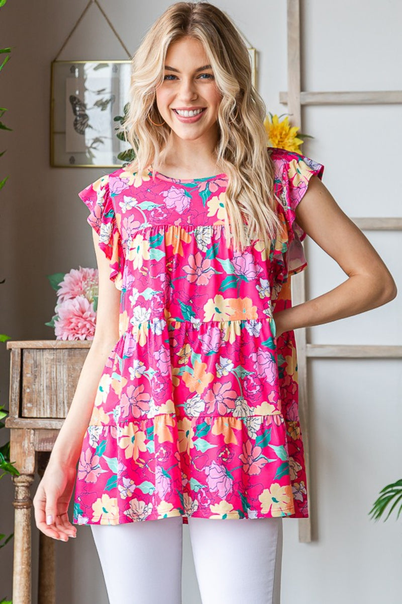 Heimish Fuchsia Floral Ruffle Sleeve Tiered Blouse – Ruby Idol Apparel
