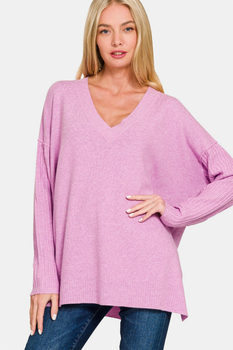Zenana H Mauve Viscose Hem & Sleeve V-Neck Side Slit High-Low Sweater ...
