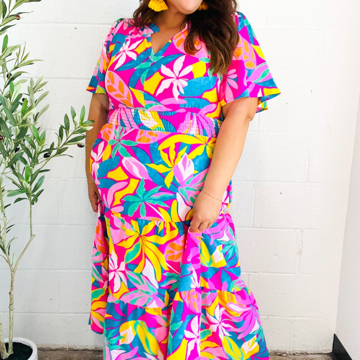 Haptics Tropical Trance Fuchsia Floral Smocked Waist Maxi Dress – Ruby ...