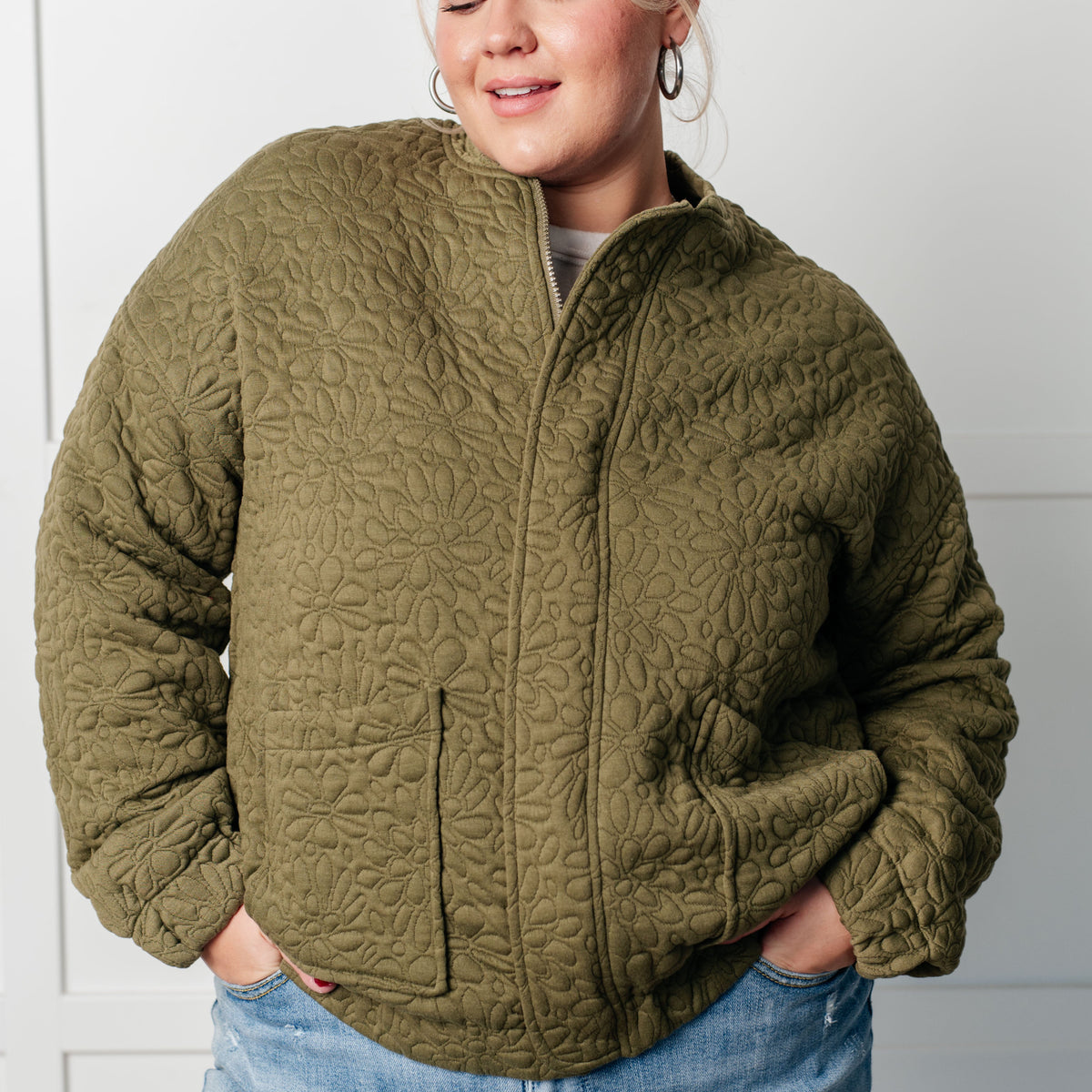One Eleven North Jungle Explorer Quilted Knit Zip Up Olive Jacket ...